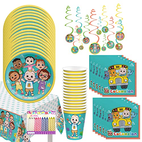 Cocomelon Party Supplies Pack Serves 16: Cocomelon Birthday Party Supplies, Cocomelon Plates Napkins Cups Table Cover and Hanging Swirl Decorations with Birthday Candles (Bundle for 16)