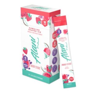 alani nu energy stick packets, activate with water, 200mg caffeine, zero sugar, 30mcg biotin, formulated with amino acids like l-theanine to prevent crashing, hawaiian shaved ice, 10 sticks per pack