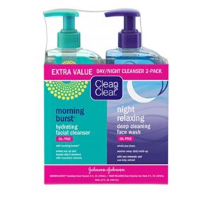 clean & clear 2-pack day & night daily face cleansers, morning burst hydrating facial cleanser & night relaxing deep cleansing face wash, oil-free & won't clog pores, 2 x 8 fl. oz