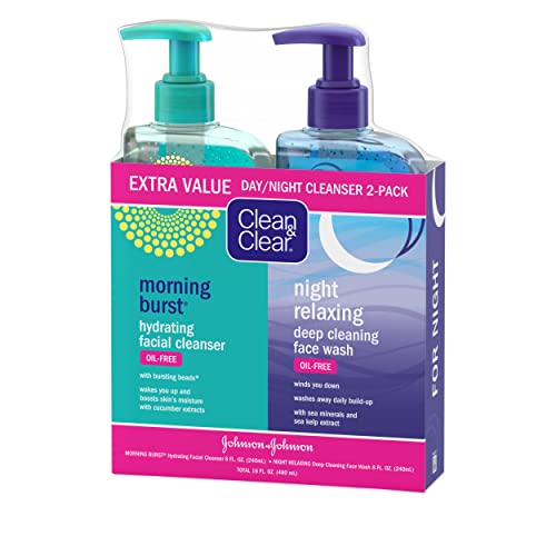 Clean & Clear 2-Pack Day & Night Daily Face Cleansers, Morning Burst Hydrating Facial Cleanser & Night Relaxing Deep Cleansing Face Wash, Oil-Free & Won't Clog Pores, 2 x 8 fl. oz