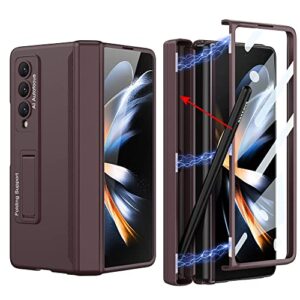 puroom for samsung galaxy z fold 4 case magnetic hinge protective case, z fold 4 case s pen box holder with front glass kickstand all-inclusive case for samsung galaxy z fold 4 (wine red)