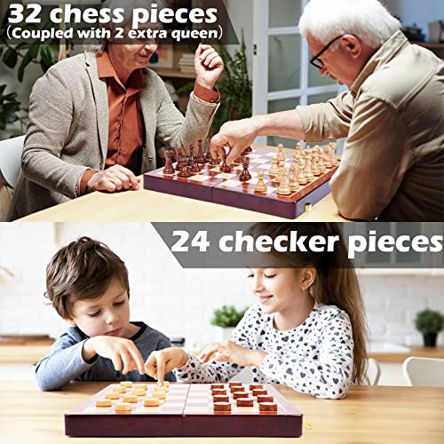 2 in 1 Acrylic+Metal Chess and Checkers Game Set- Travel Portable Chess Set for Adults & Kids Including 24 Wooden Checkers, Complete Chess Pieces Folding Wooden Chess Board Set - Durable Chess Sets