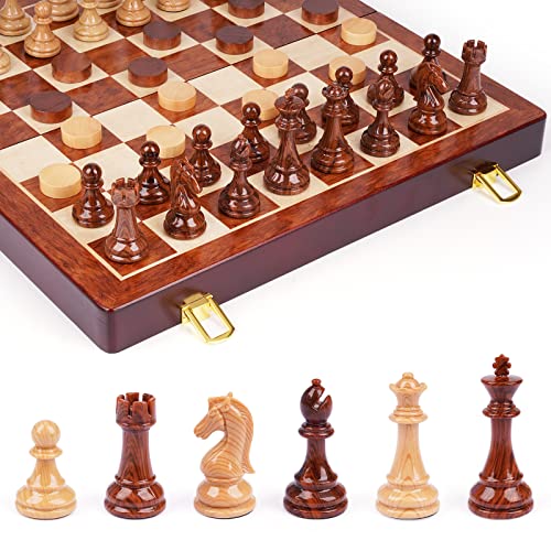 2 in 1 Acrylic+Metal Chess and Checkers Game Set- Travel Portable Chess Set for Adults & Kids Including 24 Wooden Checkers, Complete Chess Pieces Folding Wooden Chess Board Set - Durable Chess Sets