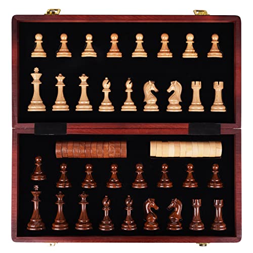 2 in 1 Acrylic+Metal Chess and Checkers Game Set- Travel Portable Chess Set for Adults & Kids Including 24 Wooden Checkers, Complete Chess Pieces Folding Wooden Chess Board Set - Durable Chess Sets