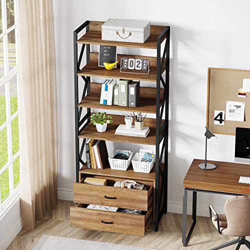 Tribesigns Bookshelf with Drawers, 70.8" Industrial Bookcase with 2 Drawers, 5 Shelf Open Shelf for Storage, Wood Book Shelf for Living Room, Bedroom, Home, Office