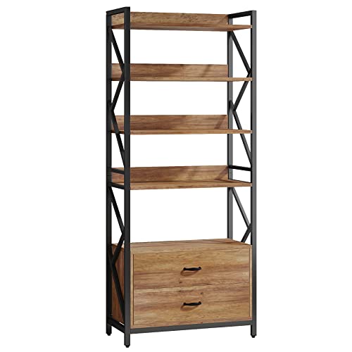 Tribesigns Bookshelf with Drawers, 70.8" Industrial Bookcase with 2 Drawers, 5 Shelf Open Shelf for Storage, Wood Book Shelf for Living Room, Bedroom, Home, Office