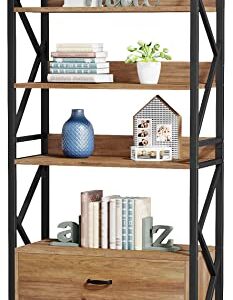 Tribesigns Bookshelf with Drawers, 70.8" Industrial Bookcase with 2 Drawers, 5 Shelf Open Shelf for Storage, Wood Book Shelf for Living Room, Bedroom, Home, Office