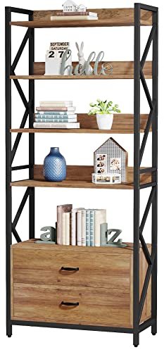 Tribesigns Bookshelf with Drawers, 70.8" Industrial Bookcase with 2 Drawers, 5 Shelf Open Shelf for Storage, Wood Book Shelf for Living Room, Bedroom, Home, Office