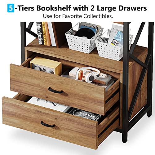 Tribesigns Bookshelf with Drawers, 70.8" Industrial Bookcase with 2 Drawers, 5 Shelf Open Shelf for Storage, Wood Book Shelf for Living Room, Bedroom, Home, Office