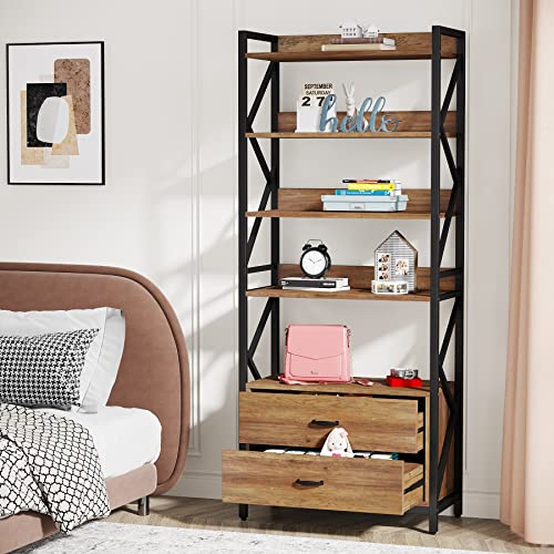 Tribesigns Bookshelf with Drawers, 70.8" Industrial Bookcase with 2 Drawers, 5 Shelf Open Shelf for Storage, Wood Book Shelf for Living Room, Bedroom, Home, Office