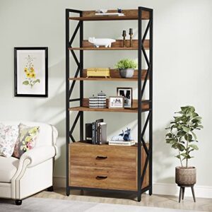 Tribesigns Bookshelf with Drawers, 70.8" Industrial Bookcase with 2 Drawers, 5 Shelf Open Shelf for Storage, Wood Book Shelf for Living Room, Bedroom, Home, Office