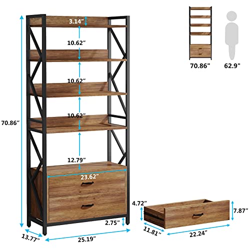 Tribesigns Bookshelf with Drawers, 70.8" Industrial Bookcase with 2 Drawers, 5 Shelf Open Shelf for Storage, Wood Book Shelf for Living Room, Bedroom, Home, Office