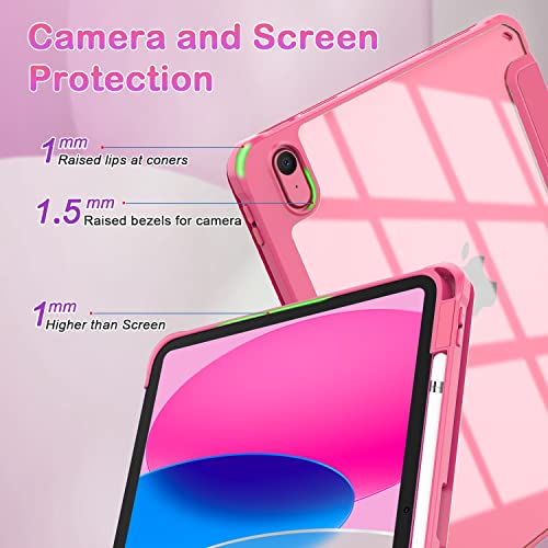 OKP for New iPad 10th Generation Case 2022, ipad 10.9 inch Case with Trifold Stand, Auto Wake/Sleep, ipad 10 gen Protective Cover with Slim Lightweight Clear PC Back Shell for Women Men, Rose Red