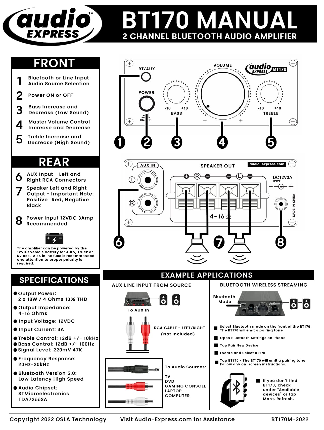 Audio Express BT170 Mini 40 Watt Digital Bluetooth Audio Amplifier Includes 12VDC Power Supply