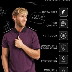 Merino Wool Polo Shirt Men - Anti-Odor 100% Merino Wool Shirts for Men Short Sleeve Breathable (Medium, Heathered Grey Polo)