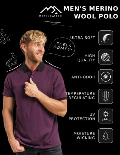 Merino Wool Polo Shirt Men - Anti-Odor 100% Merino Wool Shirts for Men Short Sleeve Breathable (Medium, Heathered Grey Polo)