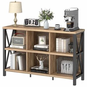 fatorri 6 cube storage organizer with shelf, long wood and metal cubby bookcase, industrial horizontal bookshelf (rustic oak, 47 inch)