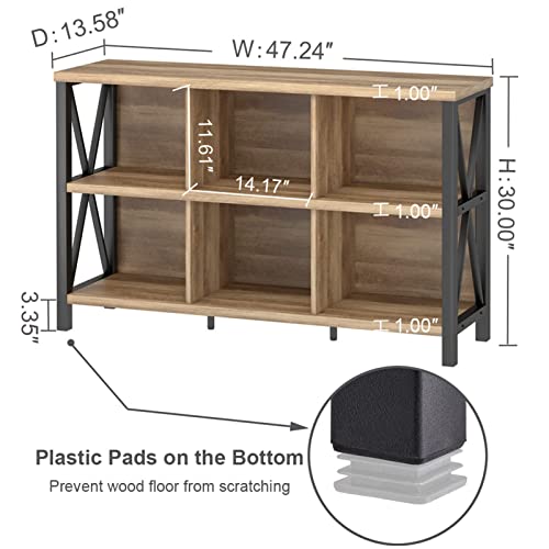 FATORRI 6 Cube Storage Organizer with Shelf, Long Wood and Metal Cubby Bookcase, Industrial Horizontal Bookshelf (Rustic Oak, 47 Inch)