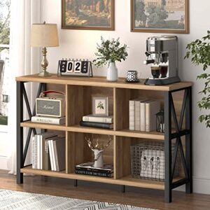 FATORRI 6 Cube Storage Organizer with Shelf, Long Wood and Metal Cubby Bookcase, Industrial Horizontal Bookshelf (Rustic Oak, 47 Inch)