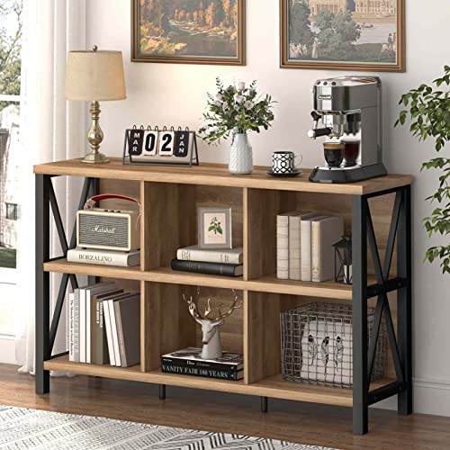 FATORRI 6 Cube Storage Organizer with Shelf, Long Wood and Metal Cubby Bookcase, Industrial Horizontal Bookshelf (Rustic Oak, 47 Inch)