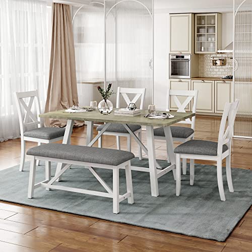 Merax 6 Piece Kitchen Dining Table Set, Wooden Rectangular Dining Table with Bench and 4 Chairs, Polyester Fabric, Rustic Style, Kitchen Furniture Set for 6 People, White+Gray