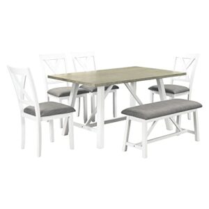 Merax 6 Piece Kitchen Dining Table Set, Wooden Rectangular Dining Table with Bench and 4 Chairs, Polyester Fabric, Rustic Style, Kitchen Furniture Set for 6 People, White+Gray