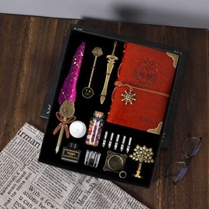 TIANREN Quill Pen and Ink Set,Antique Feather Dip Pen,Antique Calligraphy Pen with 5 Replaceable Nibs,Wax Seal Stamp kit,Wax Beads & Leather Writing Notebook Gift for Men&Women.(PurpleRed)