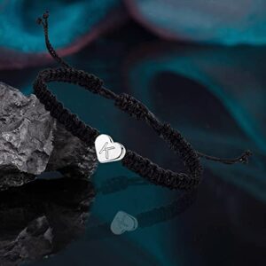 14KWhite Gold Plated Initial Heart String Bracelets for Women Men Teen Girls Boys Handmade Rope Braided Bracelet Minimalist Jewelry Matching Couple Bracelets (K, One Size)