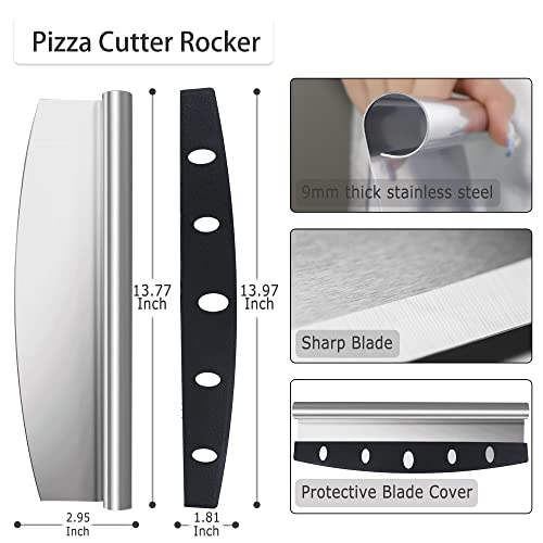 Pizza Cutter Rocker 14 inch Sharp Stainless Steel Slicer Knife with Protective Blade Cover for Kitchen Dishwasher Safe