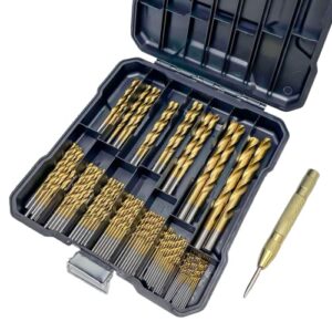 cortool 99pcs hss titanium drill bit set, 135 degree split point hss drill bits kit with storage case for steel, aluminum, copper, soft alloy steel, wood, plastic size from 1/16" to 3/8"