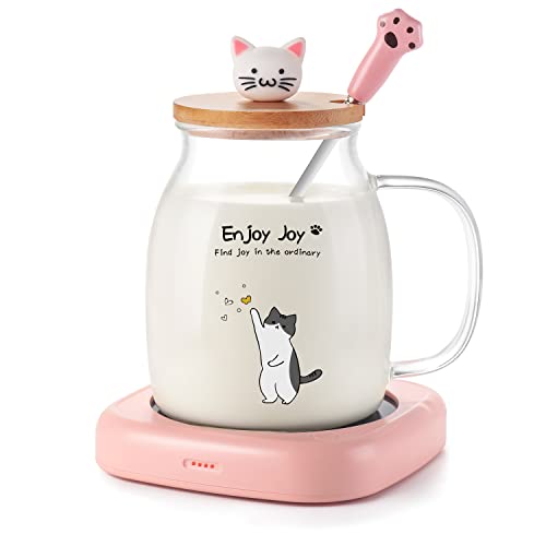 Bsigo Smart Coffee Mug Warmer & Cute Cat Glass Mug Set, Beverage Warmer for Desk Office, Cup Warmer Plate for Milk Tea Water with Two Temperature Setting(Up to 140℉/ 60℃), 8 Hour Auto Shut Off, Clear