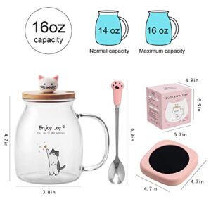 Bsigo Smart Coffee Mug Warmer & Cute Cat Glass Mug Set, Beverage Warmer for Desk Office, Cup Warmer Plate for Milk Tea Water with Two Temperature Setting(Up to 140℉/ 60℃), 8 Hour Auto Shut Off, Clear