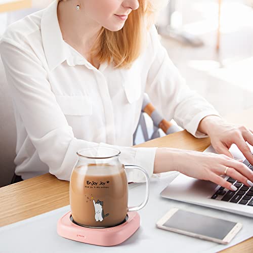 Bsigo Smart Coffee Mug Warmer & Cute Cat Glass Mug Set, Beverage Warmer for Desk Office, Cup Warmer Plate for Milk Tea Water with Two Temperature Setting(Up to 140℉/ 60℃), 8 Hour Auto Shut Off, Clear