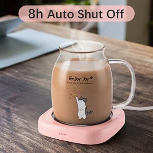 Bsigo Smart Coffee Mug Warmer & Cute Cat Glass Mug Set, Beverage Warmer for Desk Office, Cup Warmer Plate for Milk Tea Water with Two Temperature Setting(Up to 140℉/ 60℃), 8 Hour Auto Shut Off, Clear