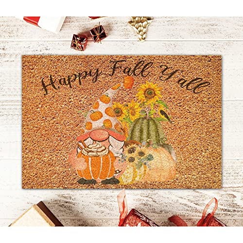 Happy Fall Y'all Coir Mat Autumn Harvest Gnome Pumpkin Sunflower Bird Doormats Durable Non Slip Waterproof Funny Front Door Mat for Garage Patio High Traffic Areas 16x24in Housewarming Gift