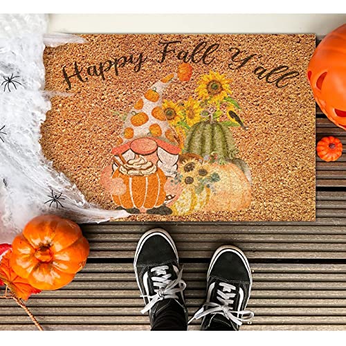 Happy Fall Y'all Coir Mat Autumn Harvest Gnome Pumpkin Sunflower Bird Doormats Durable Non Slip Waterproof Funny Front Door Mat for Garage Patio High Traffic Areas 16x24in Housewarming Gift