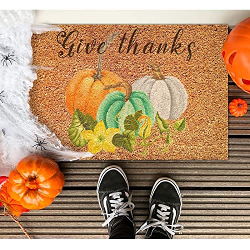 Give Thanks Coir Doormat Autumn Harvest Fall Pumpkin Sunflower Door Mat Durable Non Slip Waterproof Farmhouse Doormat Decorative for Front Door High Traffic Areas 16x24in Housewarming Gift