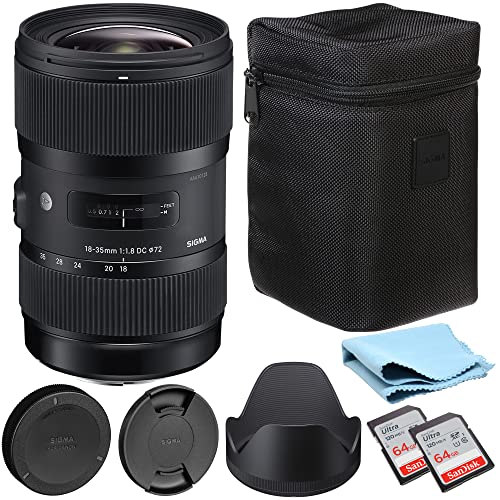 Sigma 18-35mm F1.8 for Canon Camera Bundle with Sigma 18-35 mm Canon Lens, Front and Rear Caps, Lens Hood, Lens Case, 2X 64GB SanDisk Memory Cards (7 Items), Sigma 18-35mm Art Sigma Lenses for Canon