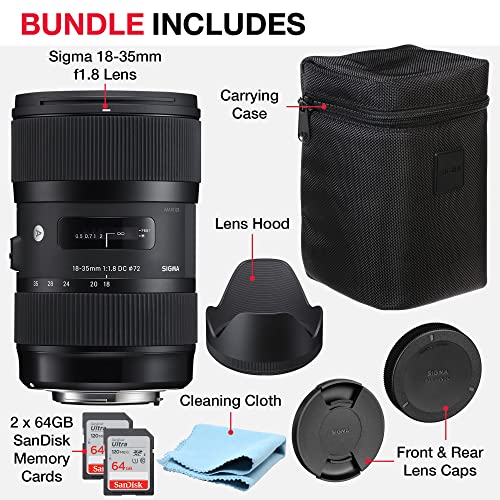 Sigma 18-35mm F1.8 for Canon Camera Bundle with Sigma 18-35 mm Canon Lens, Front and Rear Caps, Lens Hood, Lens Case, 2X 64GB SanDisk Memory Cards (7 Items), Sigma 18-35mm Art Sigma Lenses for Canon