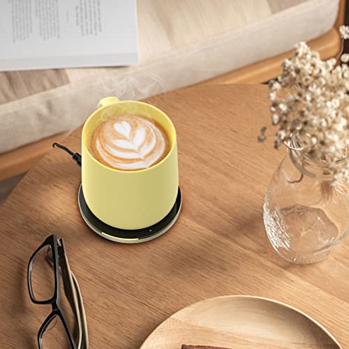 APEKX Auto On/Off Gravity-Induction Coffee Mug with Temperature Control 113°F/45°C Cup Warmer Self-Heating Coaster with Wireless Charging Function Gifts for Home Office (Mug Included) Yellow