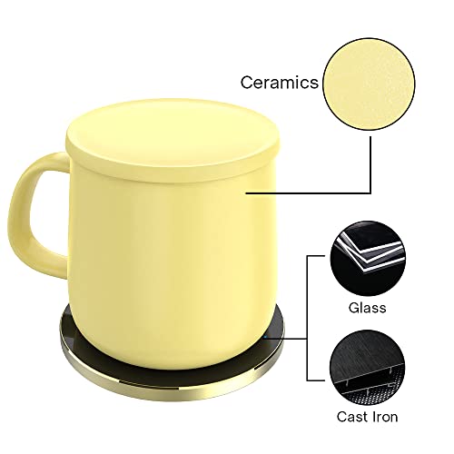 APEKX Auto On/Off Gravity-Induction Coffee Mug with Temperature Control 113°F/45°C Cup Warmer Self-Heating Coaster with Wireless Charging Function Gifts for Home Office (Mug Included) Yellow