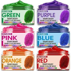 6 color temporary hair color wax,blue green purple pink orange red hair dye natural instant hair wax color,diy temporary hair color for kids women men daily party cosplay halloween hair color gift set