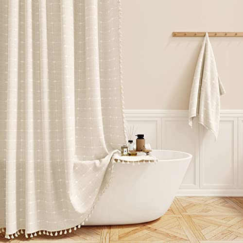 BTTN Boho Farmhouse Shower Curtain - Linen Rustic Heavy Duty Fabric Shower Curtain Set with Tassel, Water Repellent, Modern Bohemian French Country Thick Bathroom Shower Curtains - Cream/Beige, 72x72