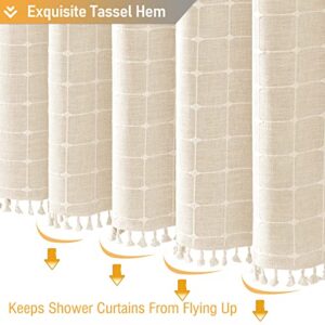 BTTN Boho Farmhouse Shower Curtain - Linen Rustic Heavy Duty Fabric Shower Curtain Set with Tassel, Water Repellent, Modern Bohemian French Country Thick Bathroom Shower Curtains - Cream/Beige, 72x72