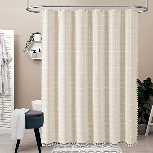 BTTN Boho Farmhouse Shower Curtain - Linen Rustic Heavy Duty Fabric Shower Curtain Set with Tassel, Water Repellent, Modern Bohemian French Country Thick Bathroom Shower Curtains - Cream/Beige, 72x72