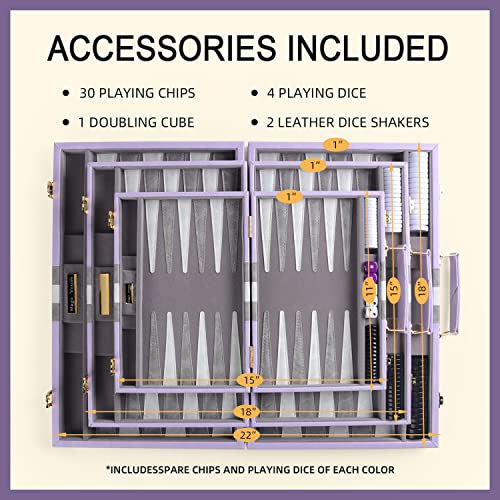 Magic Vosom Travel Medium 15 Inch Backgammon Set Classic Board Game Travel with Leather Make Board Gift Package, Portable Travel Strategy Backgammon Game Set for Adults, Kids (Purple, Medium)