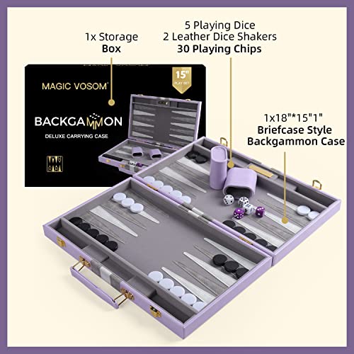 Magic Vosom Travel Medium 15 Inch Backgammon Set Classic Board Game Travel with Leather Make Board Gift Package, Portable Travel Strategy Backgammon Game Set for Adults, Kids (Purple, Medium)