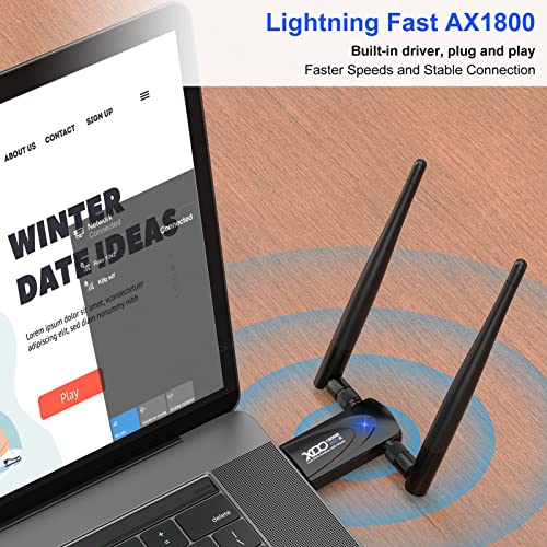 WiFi 6 USB Adapter for PC, XDO Wireless USB WiFi Adapter for Desktop Laptop Computer, USB 3.0 WiFi Dongle High Gain Dual Band 2.4G/5GHz, AX1800Mbps MU-MiMO Wireless Network Adapter for Windows 10/11