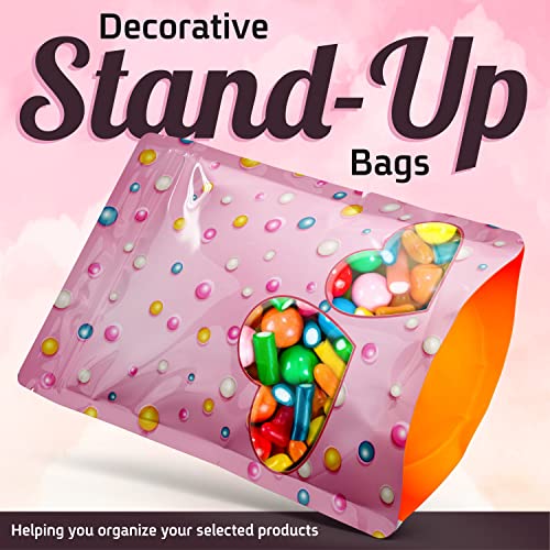 Resealable Standup Bags 4x6 inches. 60 Pk – Airtight, Waterproof, Zip Lock Seal and/or Heat Seal - Opaque Foil Pouch - Food Grade Bags For Long Shelf-Life and Multipurpose Storage. Packing Solutions For Businesses and Private Use (60 pck Medium, Candy)