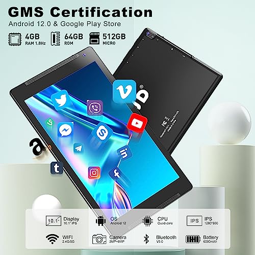 Android 12 Tablet, 10 inch Tablets, 64GB ROM 512GB Expand Tablet, Quad Core Processor, HD IPS Screen, 8MP Dual Camera, Wi-Fi, G+G, Bluetooth, 6000mAh Battery Google GMS Tablet Stand